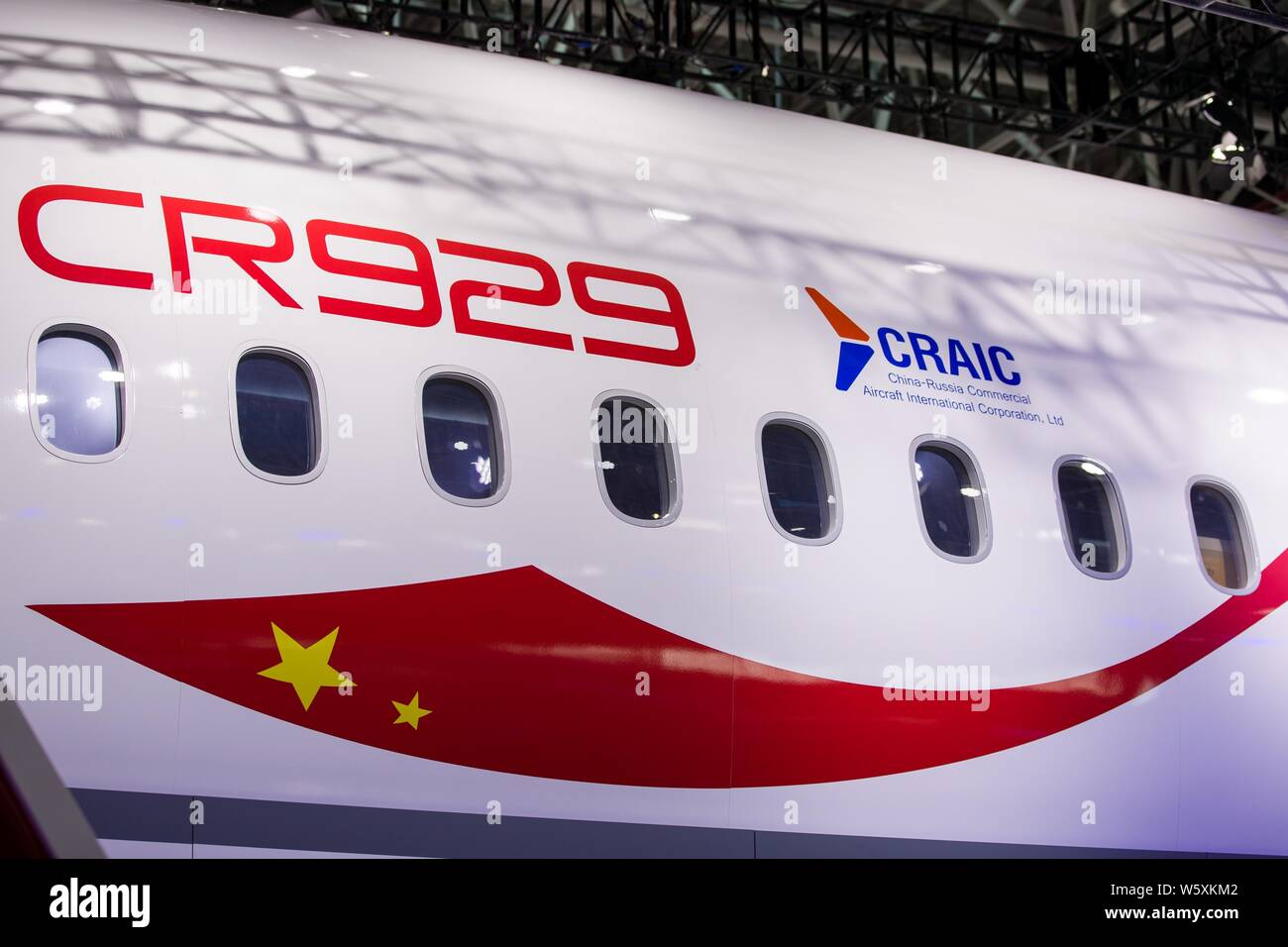 A full-size mock-up of the CR929 widebody passenger jet displayed by Sino-Russian joint venture ...