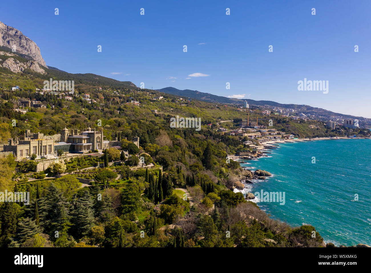 Aerial drone view of Vorontsov Palace or the Alupka Palace, Crimea ...