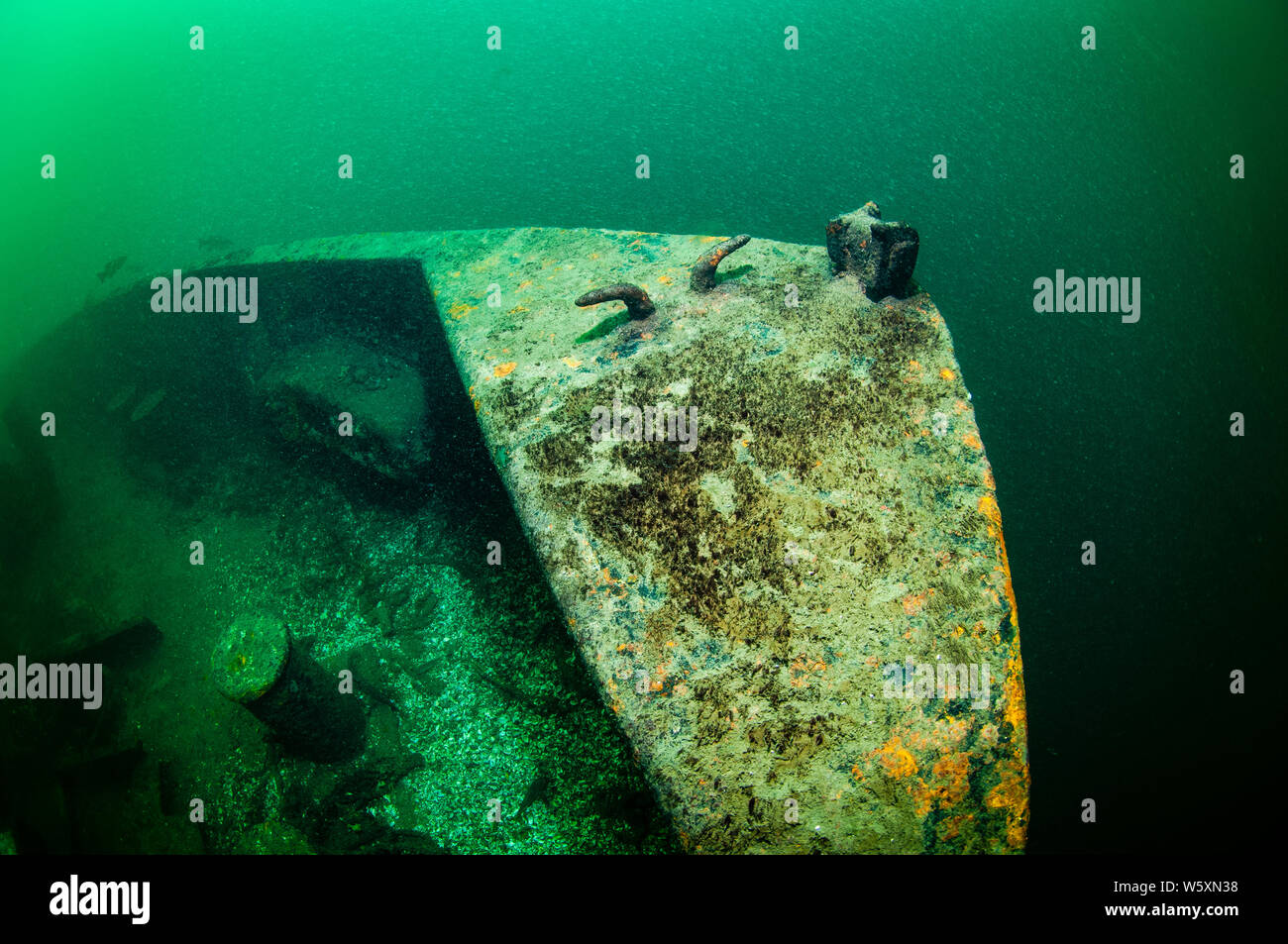 The bow of the Eastcliff-hall shipwreck underwater in the St. Lawrence ...