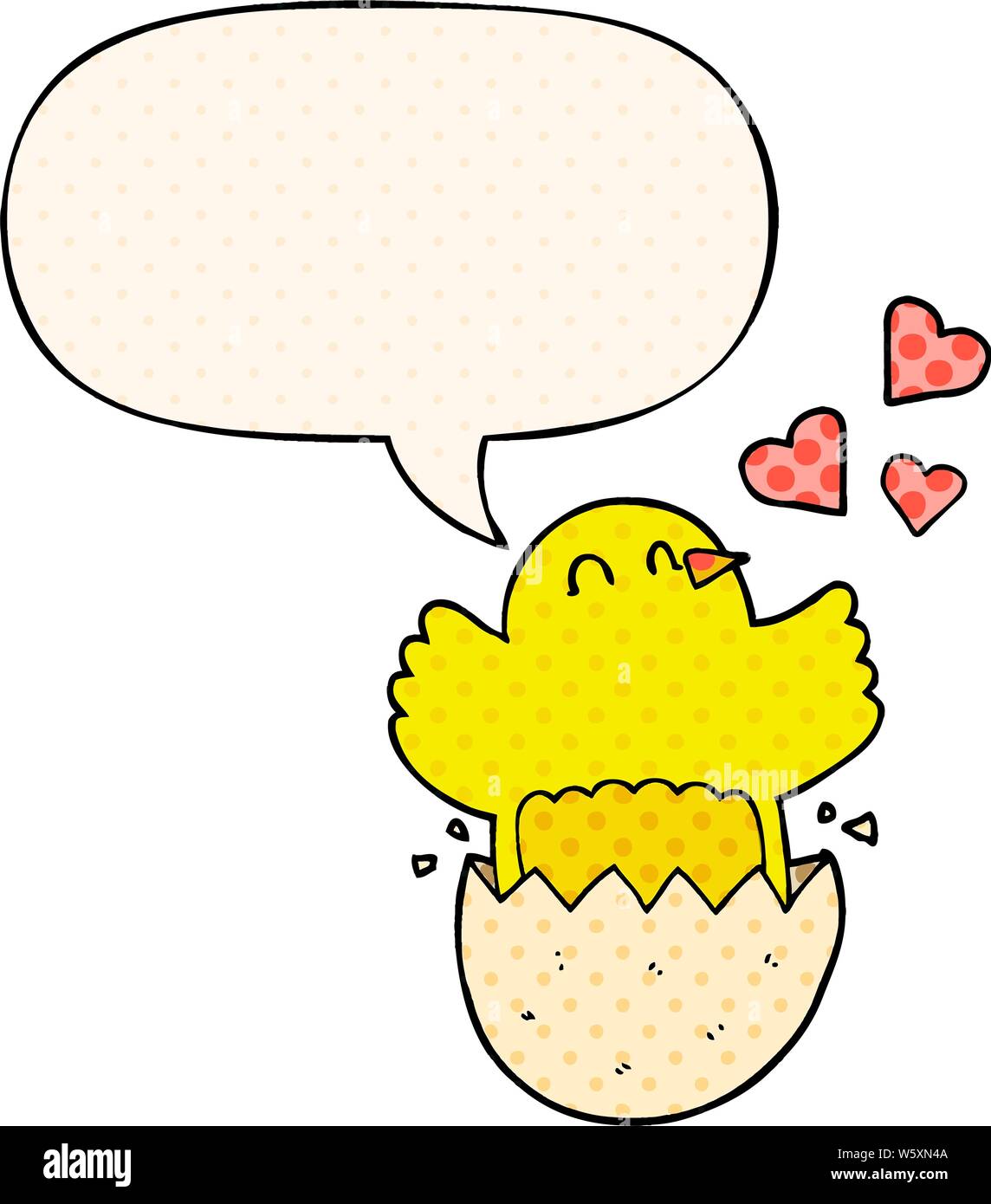 cute hatching chick cartoon with speech bubble in comic book style ...