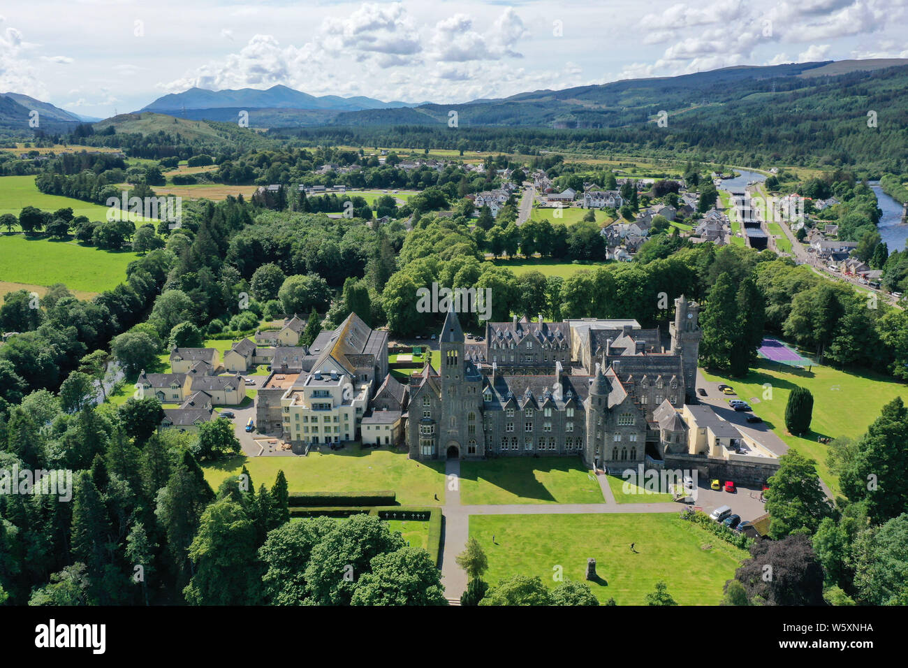 Fort Augustus, UK, 30 July 2019. Fort Augustus Abbey on the shore of ...