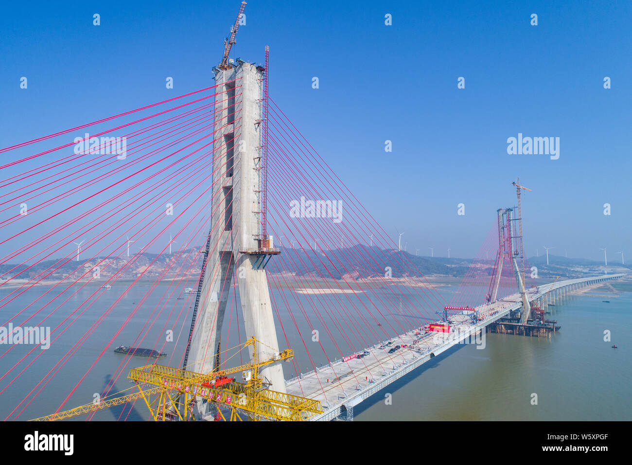 An aerial view of the construction site of the Poyang Lake No. 2 Bridge ...