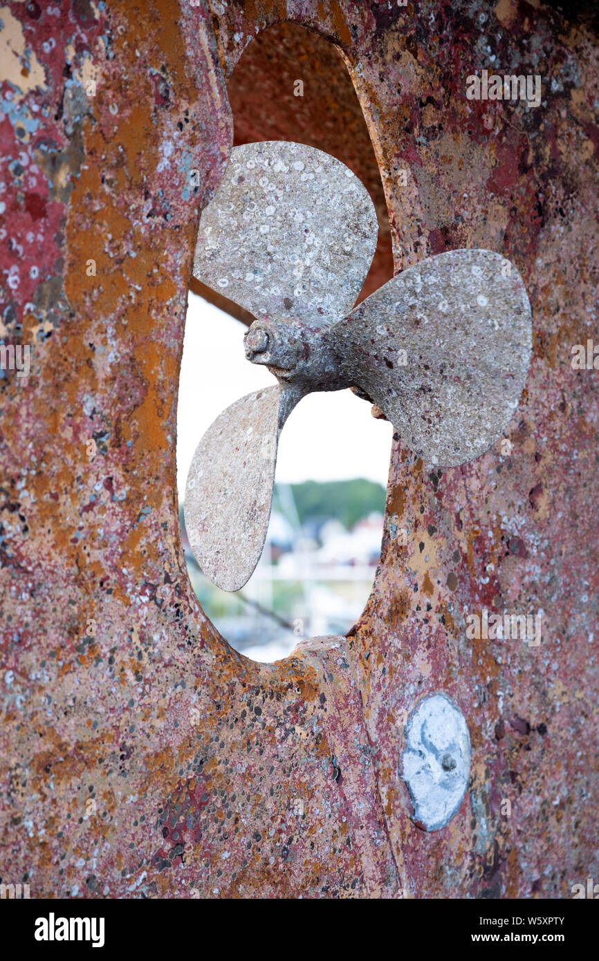 Detail of ship's propeller with barnacles and rust, Gilleleje, Zealand ...