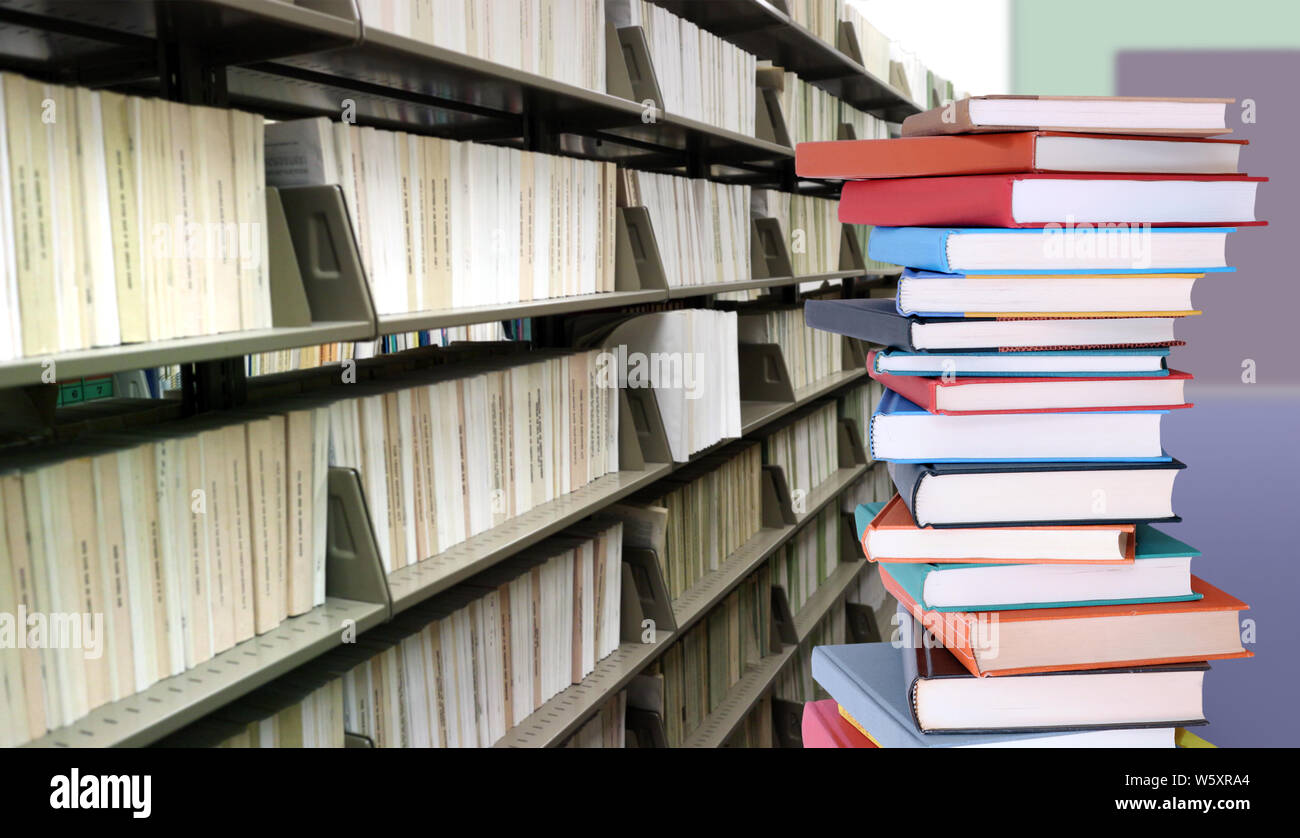 stack of books in library for education concept Stock Photo - Alamy