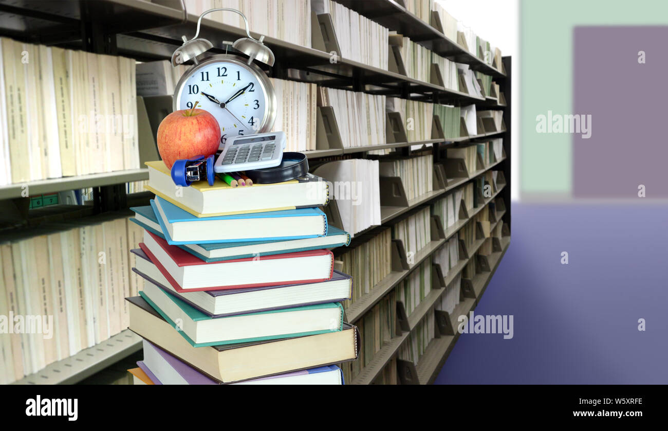 stack of books in library for education concept Stock Photo - Alamy