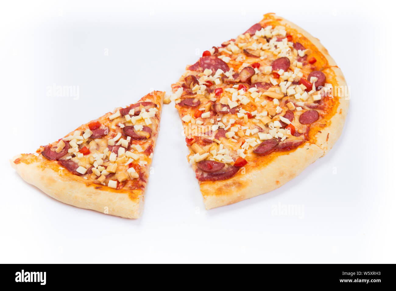 Pizza slice top view isolated on white background, with onions, bacon ...