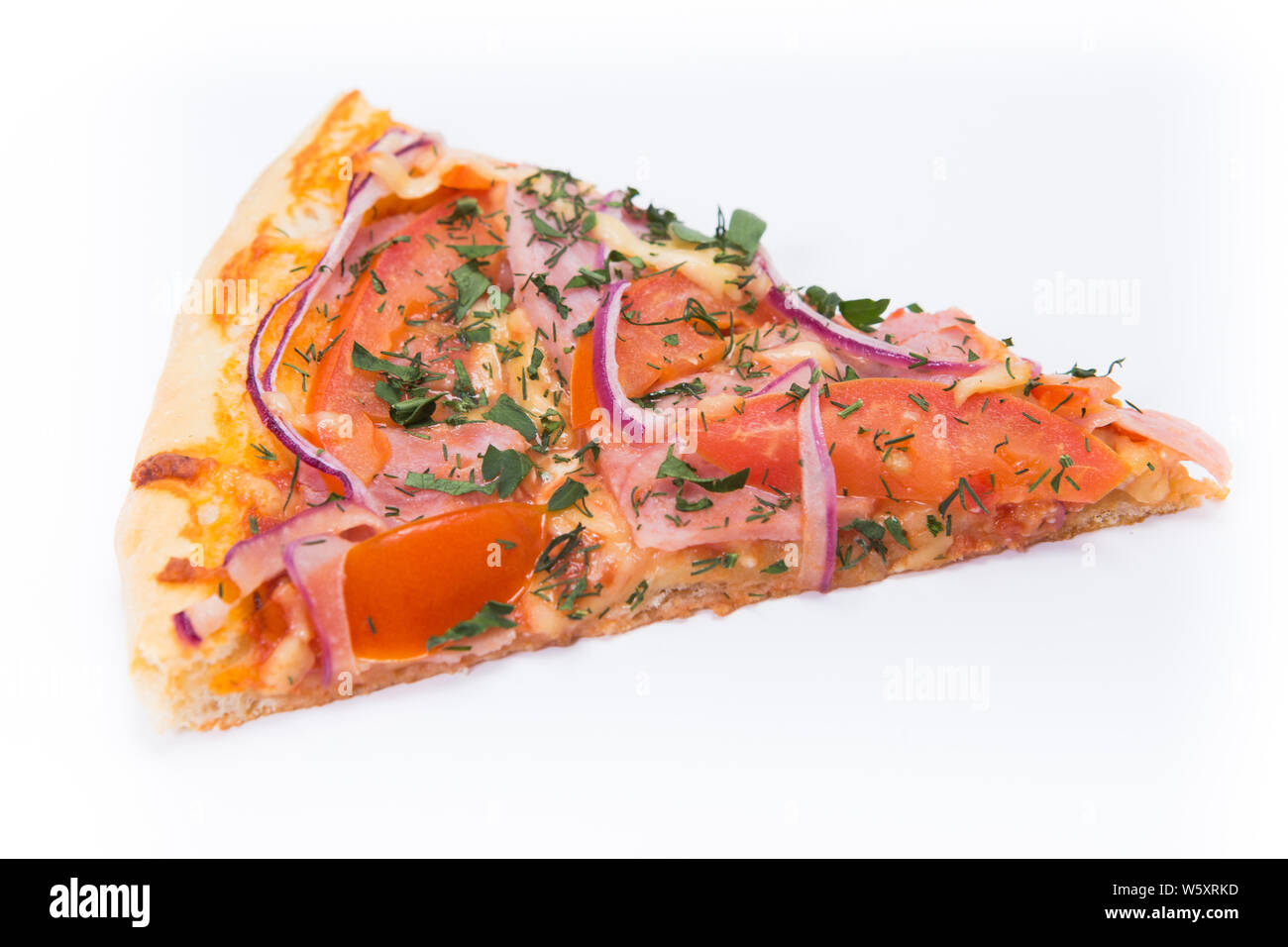 Pizza slice top view isolated on white background, with onions, bacon ...