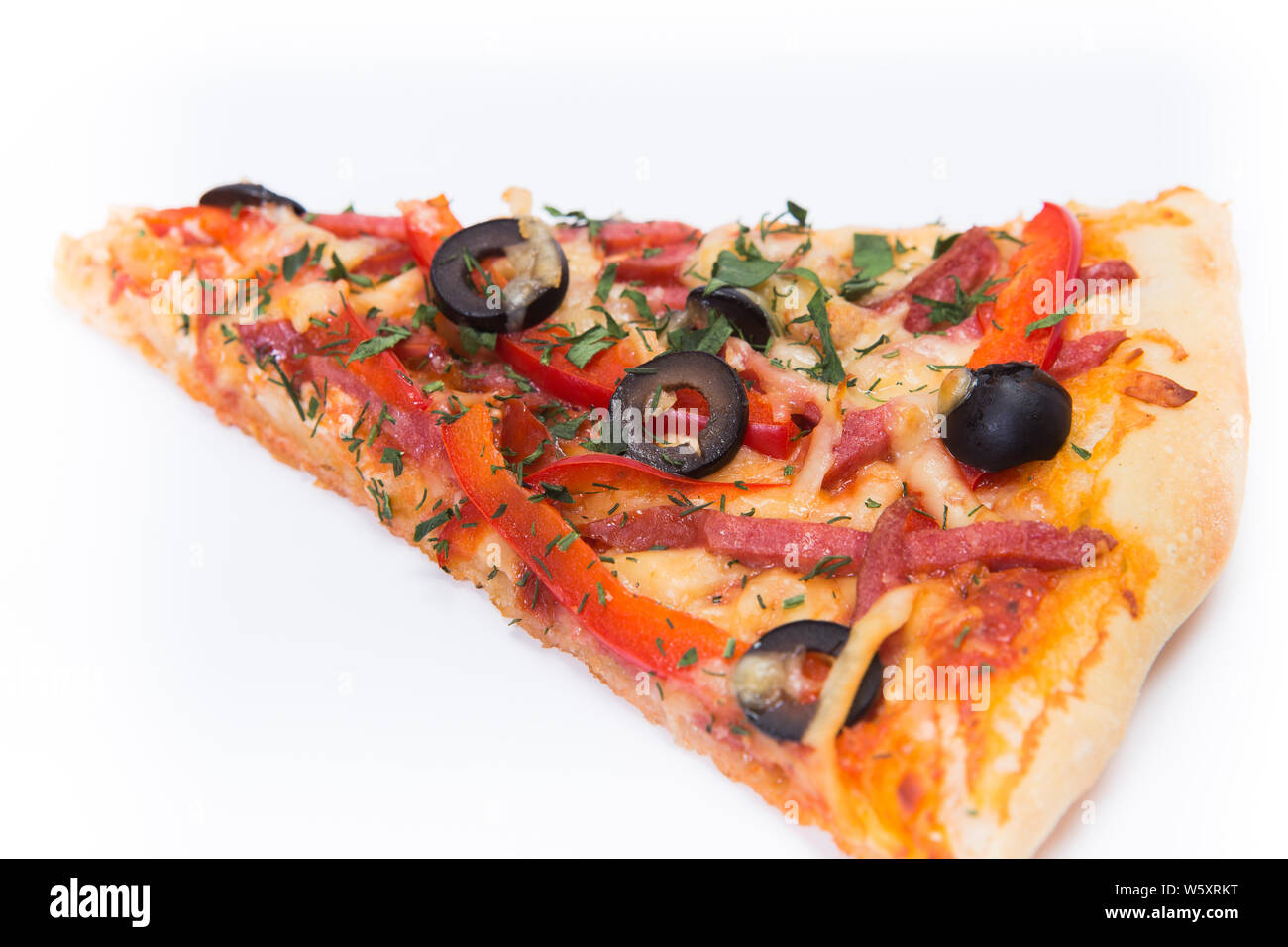 Pizza slice top view isolated on white background, with onions, bacon ...
