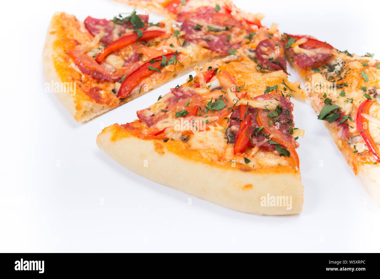 Pizza slice top view isolated on white background, with onions, bacon ...