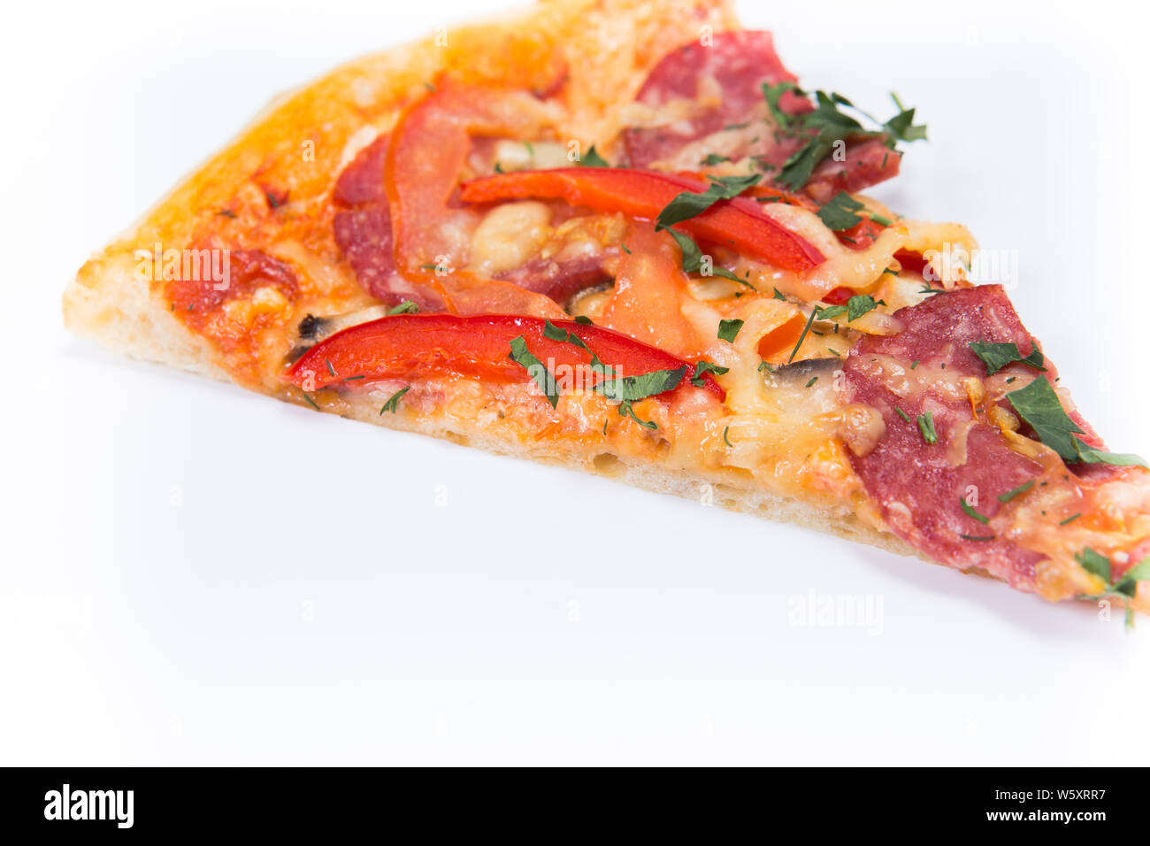 Pizza slice top view isolated on white background, with onions, bacon ...