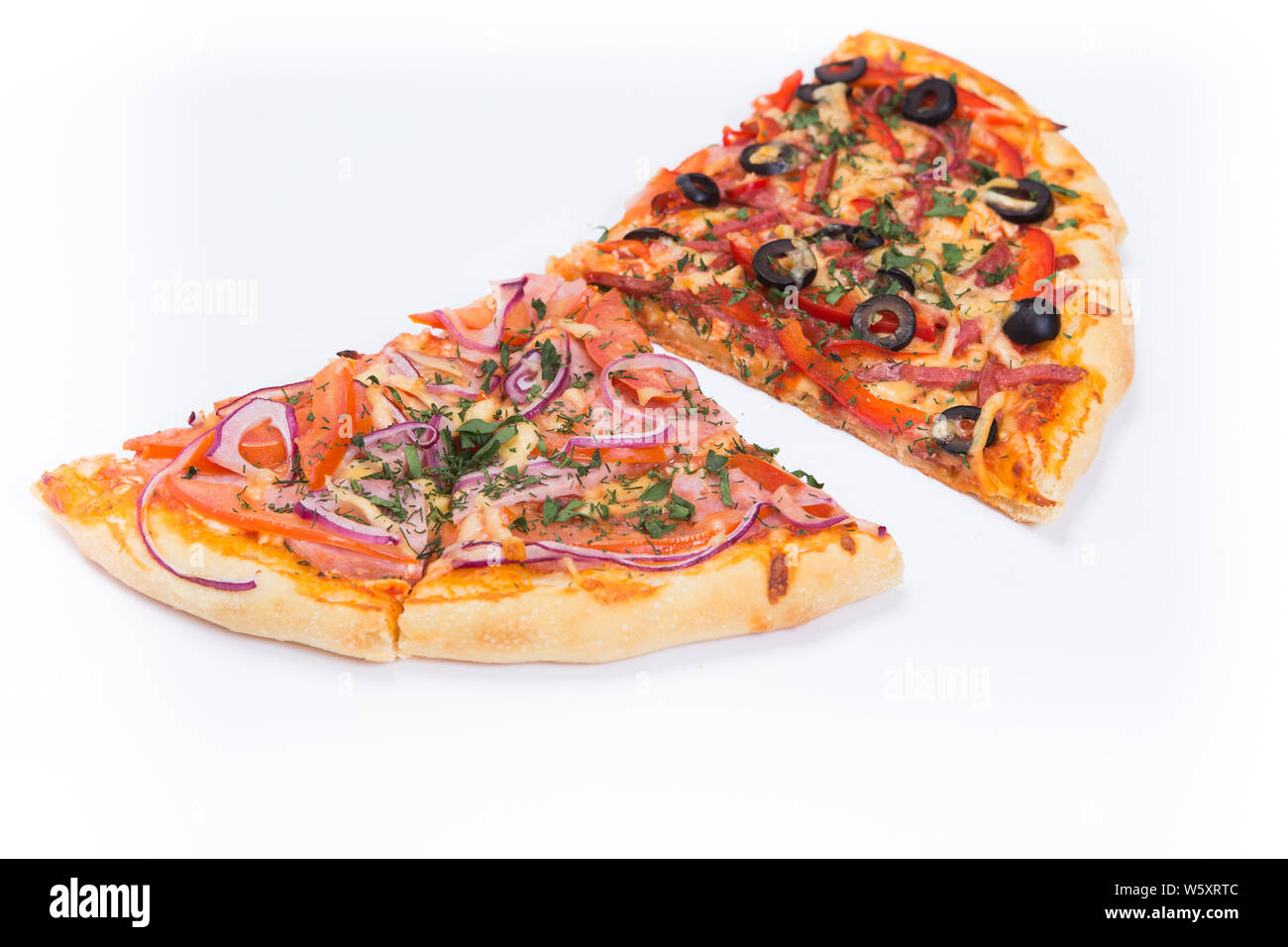 Pizza slice top view isolated on white background, with onions, bacon ...