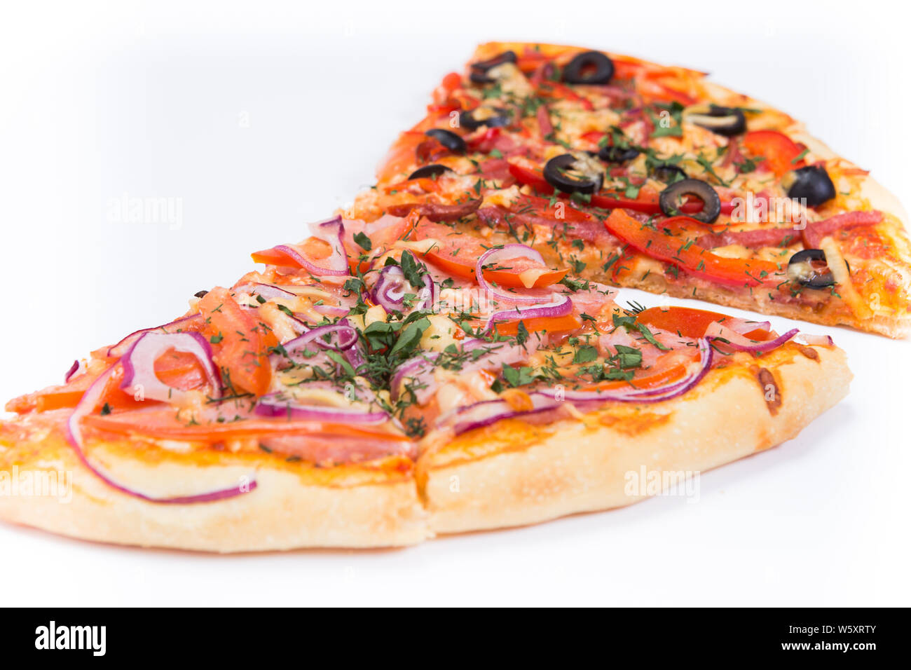 Pizza slice top view isolated on white background, with onions, bacon ...