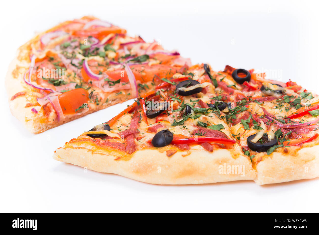 Pizza slice top view isolated on white background, with onions, bacon ...