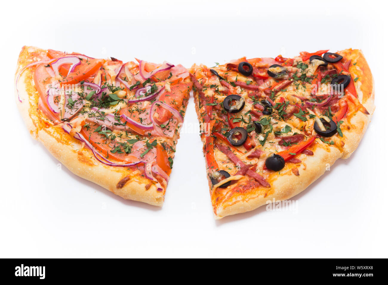 Pizza slice top view isolated on white background, with onions, bacon ...