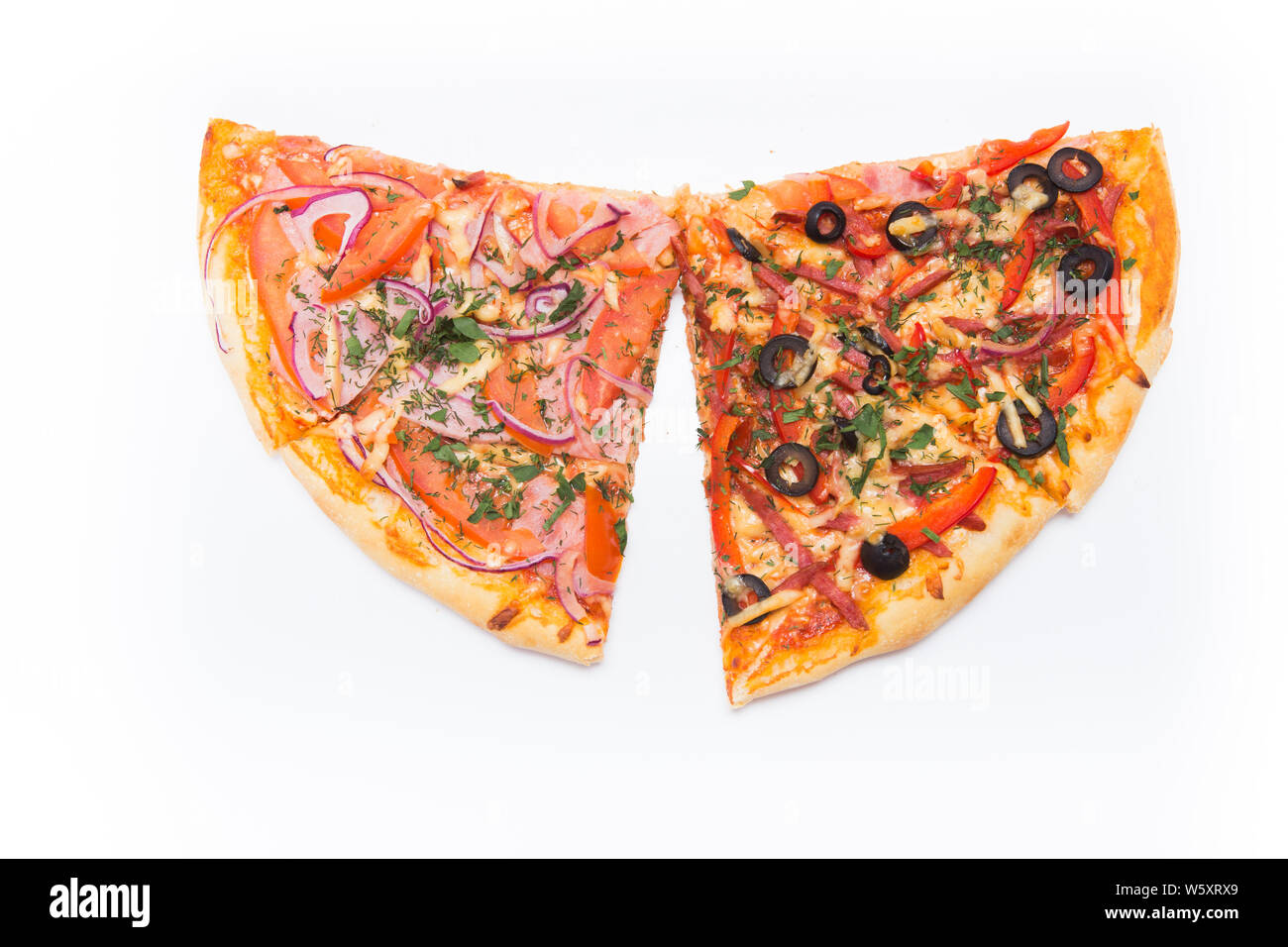 Pizza slice top view isolated on white background, with onions, bacon ...