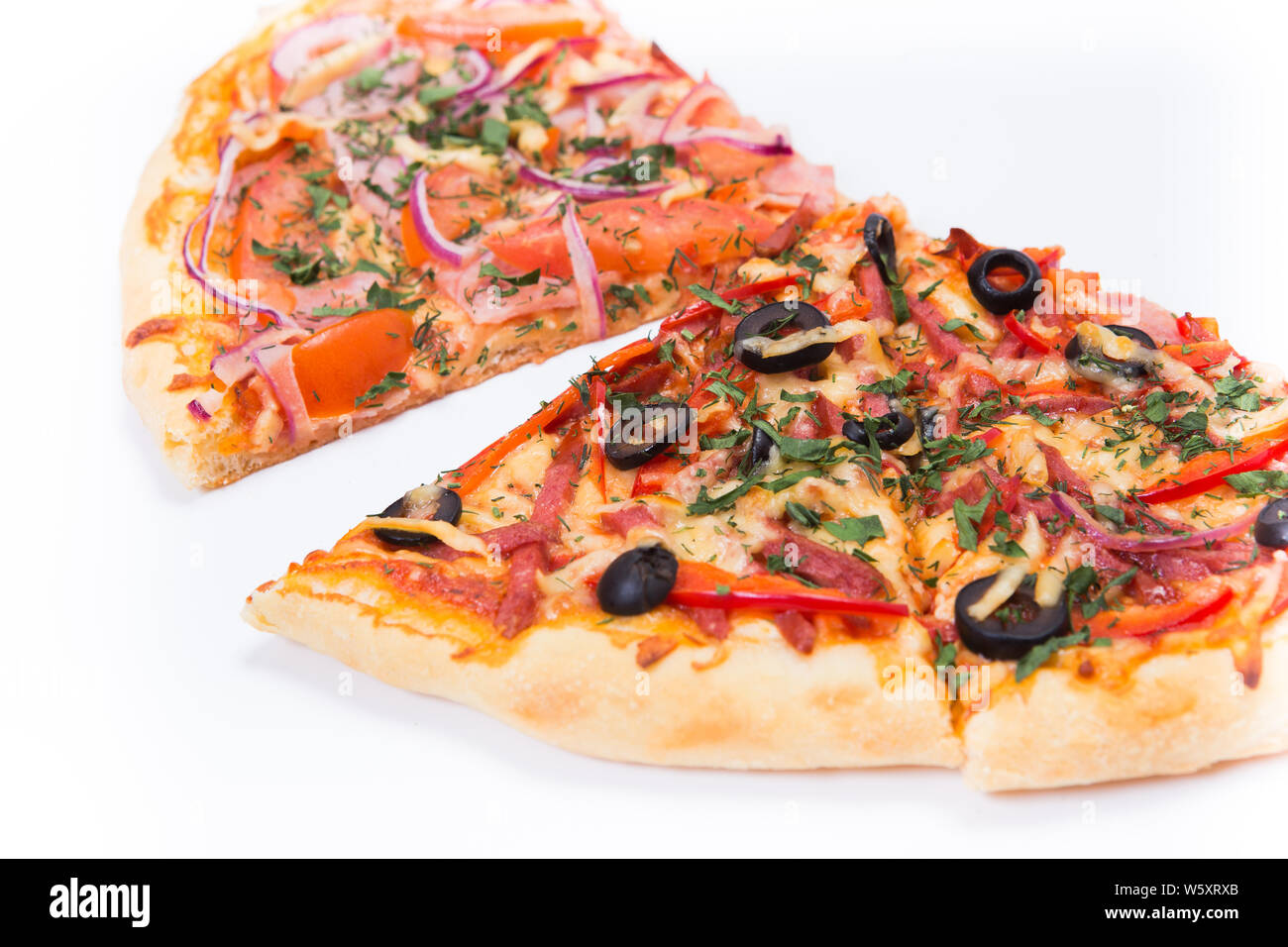 Pizza slice top view isolated on white background, with onions, bacon ...