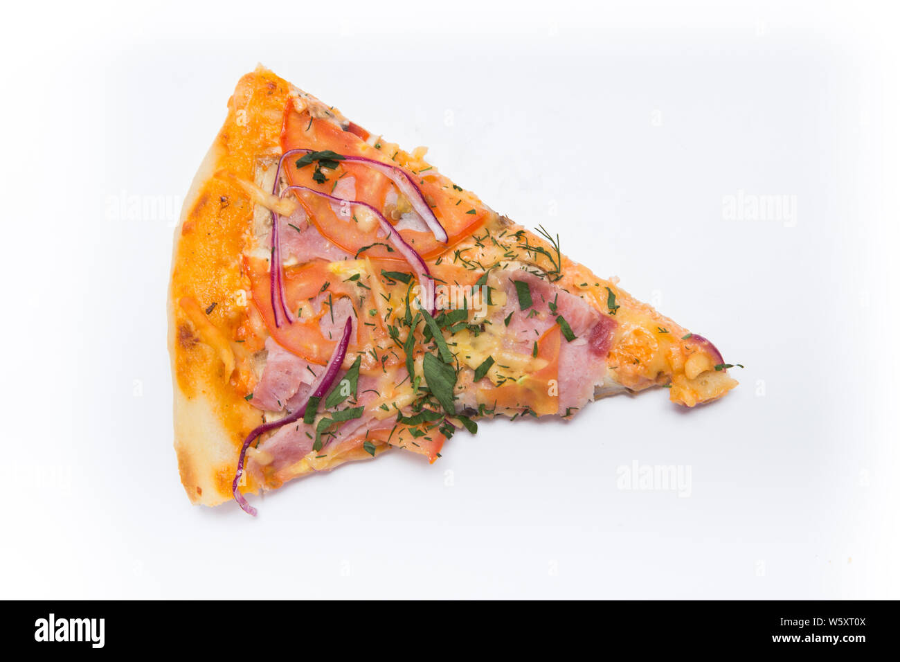 Pizza slice top view isolated on white background, with onions, bacon ...