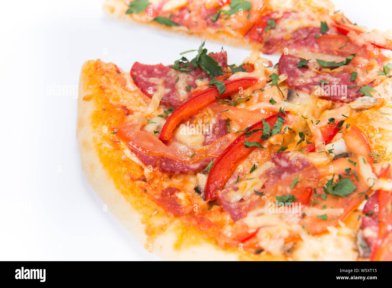 Pizza slice top view isolated on white background, with onions, bacon ...