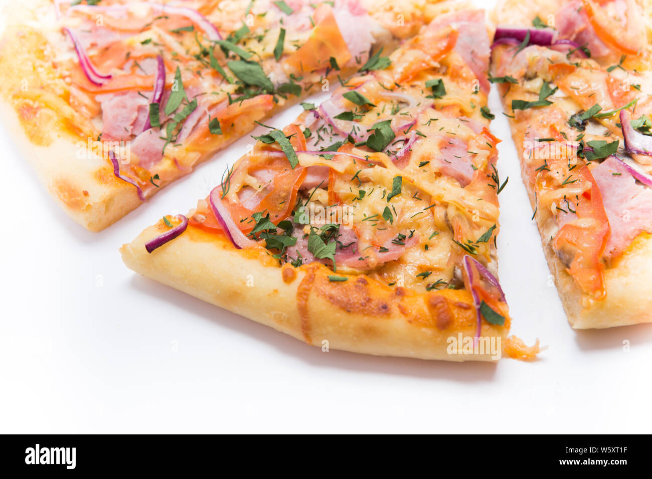 Pizza slice top view isolated on white background, with onions, bacon ...