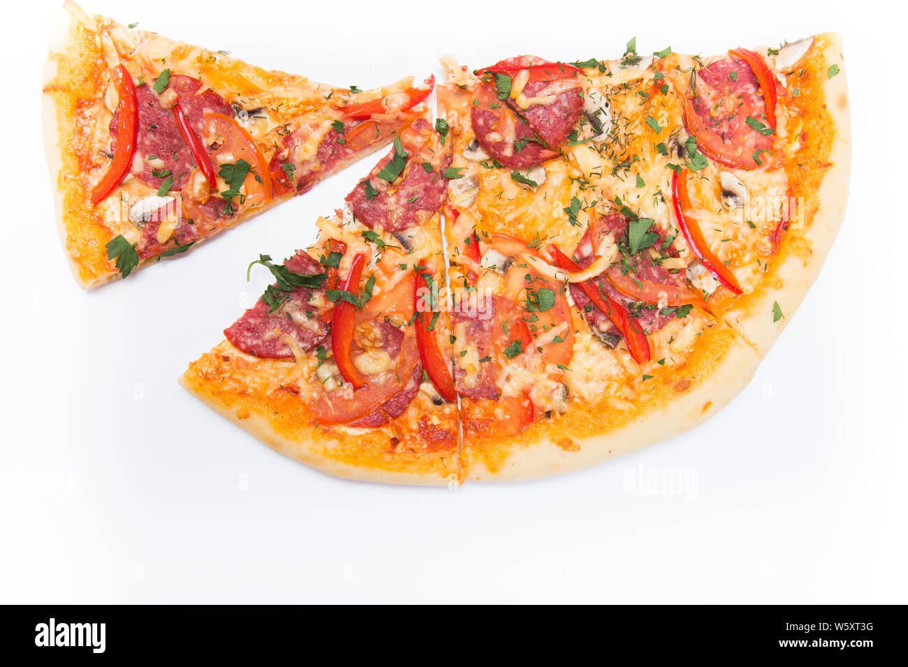 Pizza slice top view isolated on white background, with onions, bacon ...