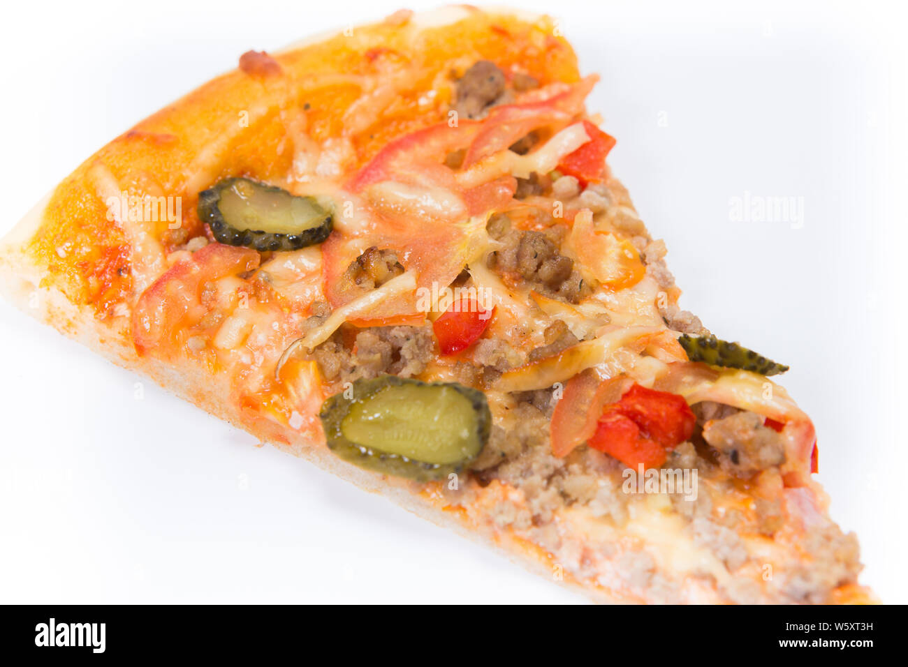 Pizza slice top view isolated on white background, with onions, bacon ...