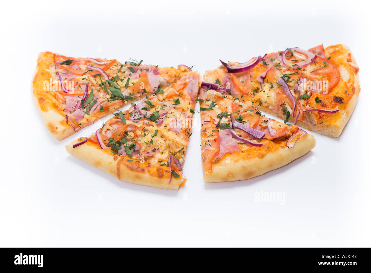 Pizza slice top view isolated on white background, with onions, bacon ...