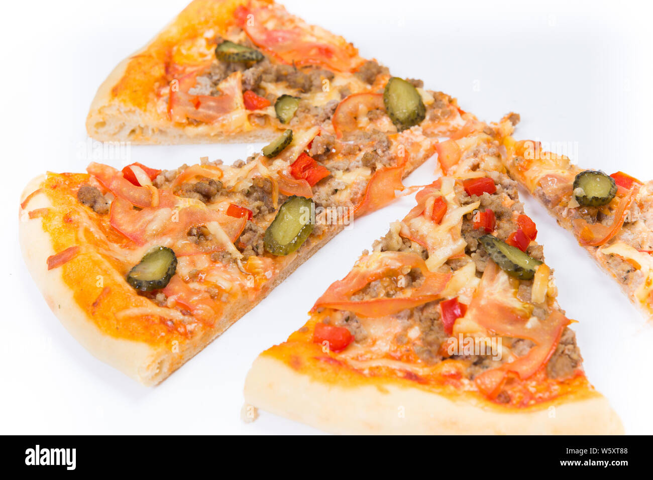 Pizza slice top view isolated on white background, with onions, bacon ...