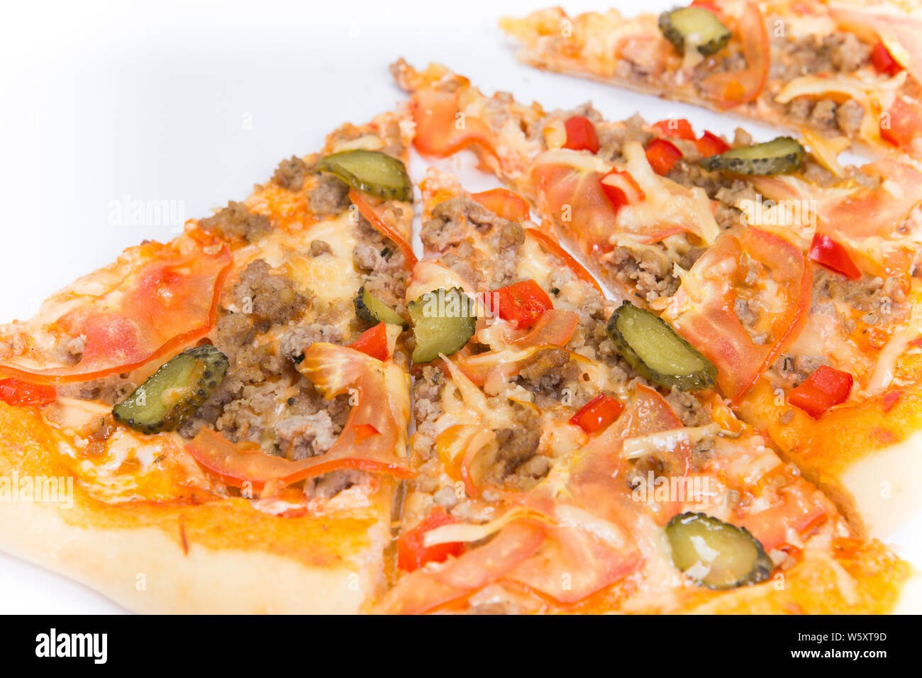 Pizza slice top view isolated on white background, with onions, bacon ...