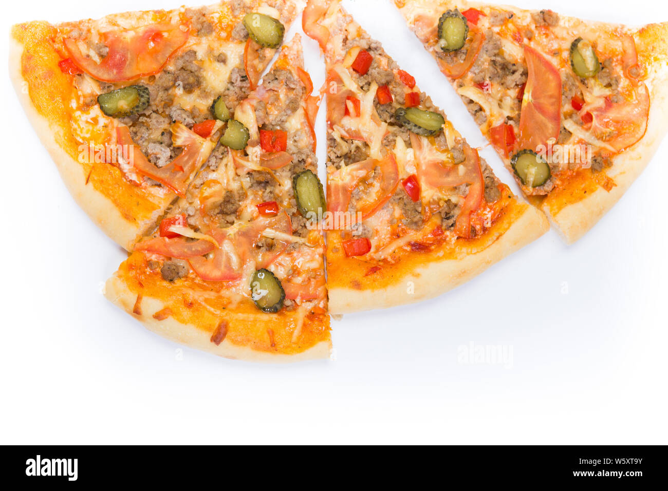 Pizza slice top view isolated on white background, with onions, bacon ...