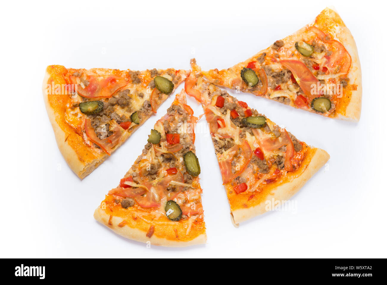 Pizza slice top view isolated on white background, with onions, bacon ...