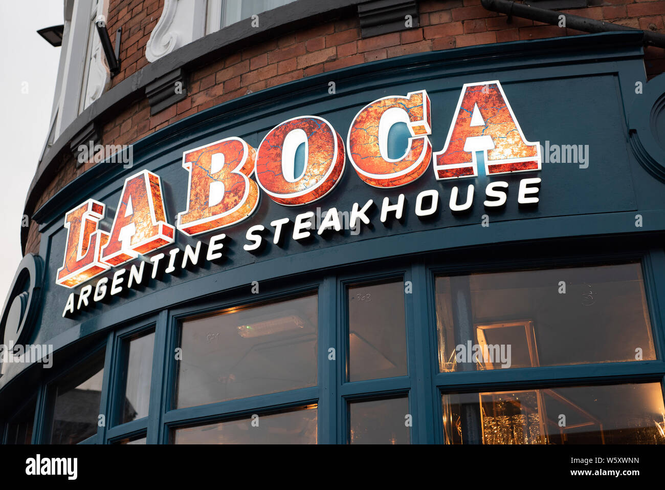 Doncaster, UK - May 11 2019: La Boca restaurant & steakhouse sign lit ...