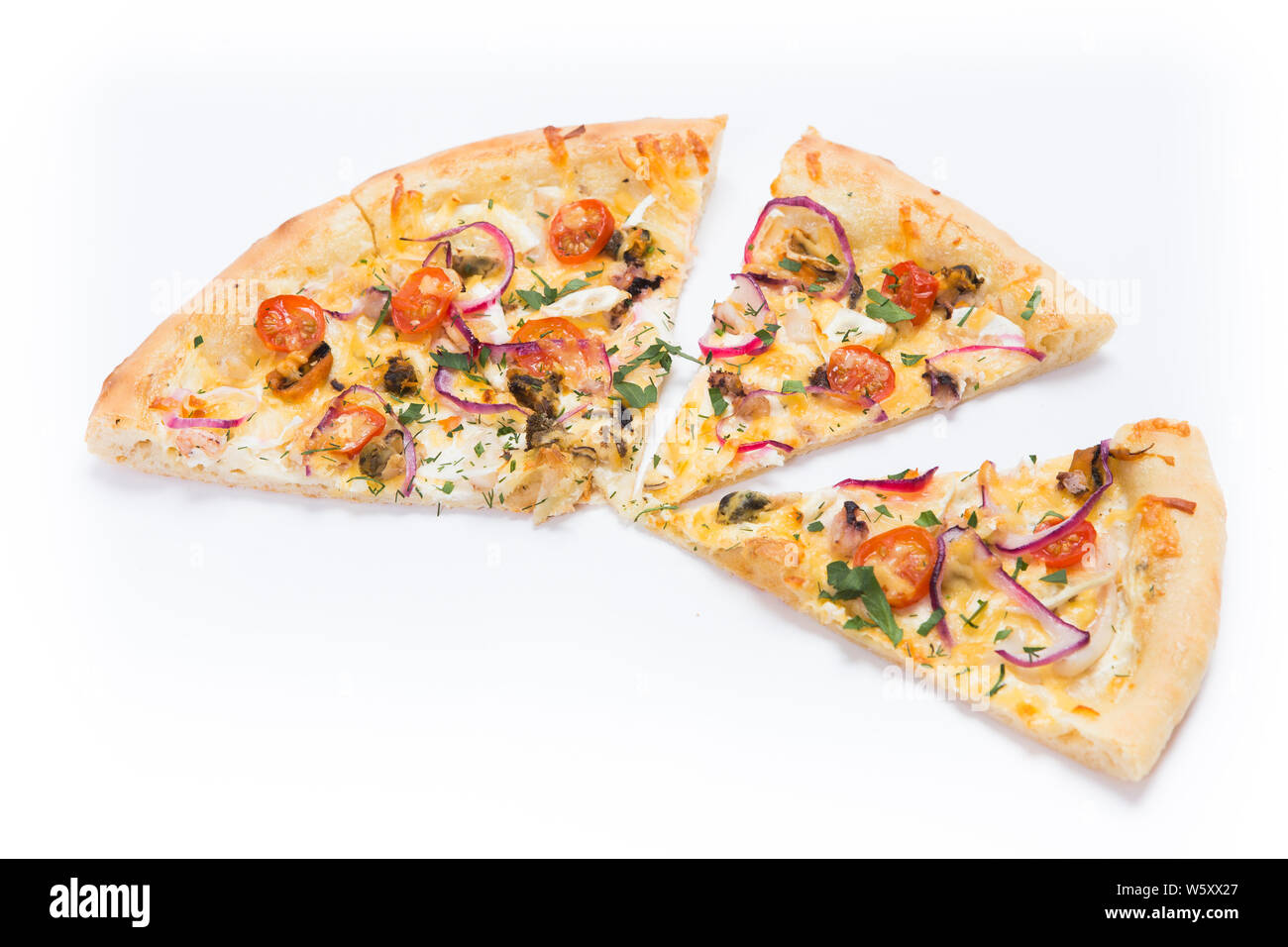 Pizza slice isolated on white background, with onions, bacon and cherry ...