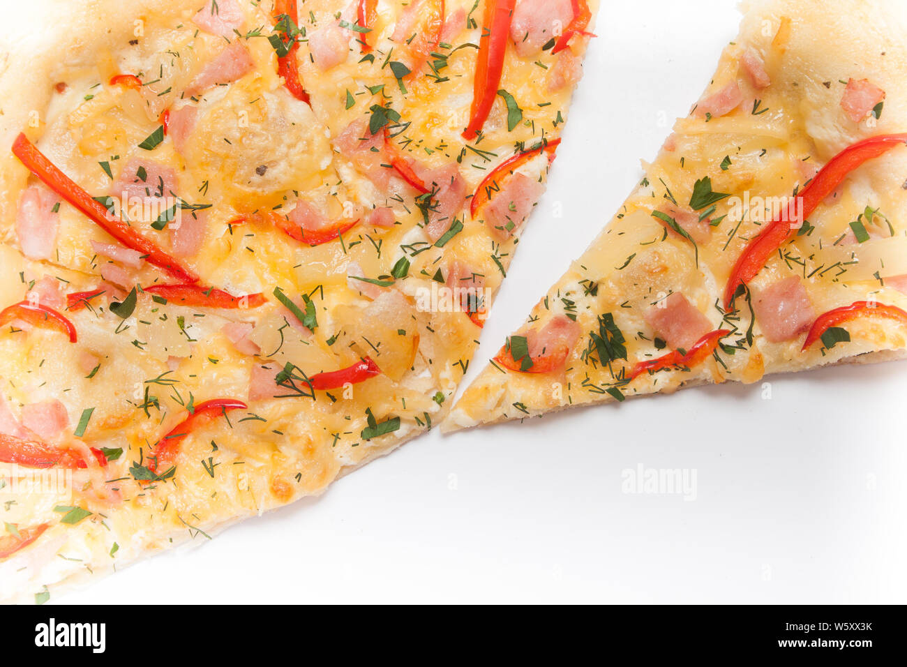 Pizza slice isolated on white background, with onions, bacon and cherry ...