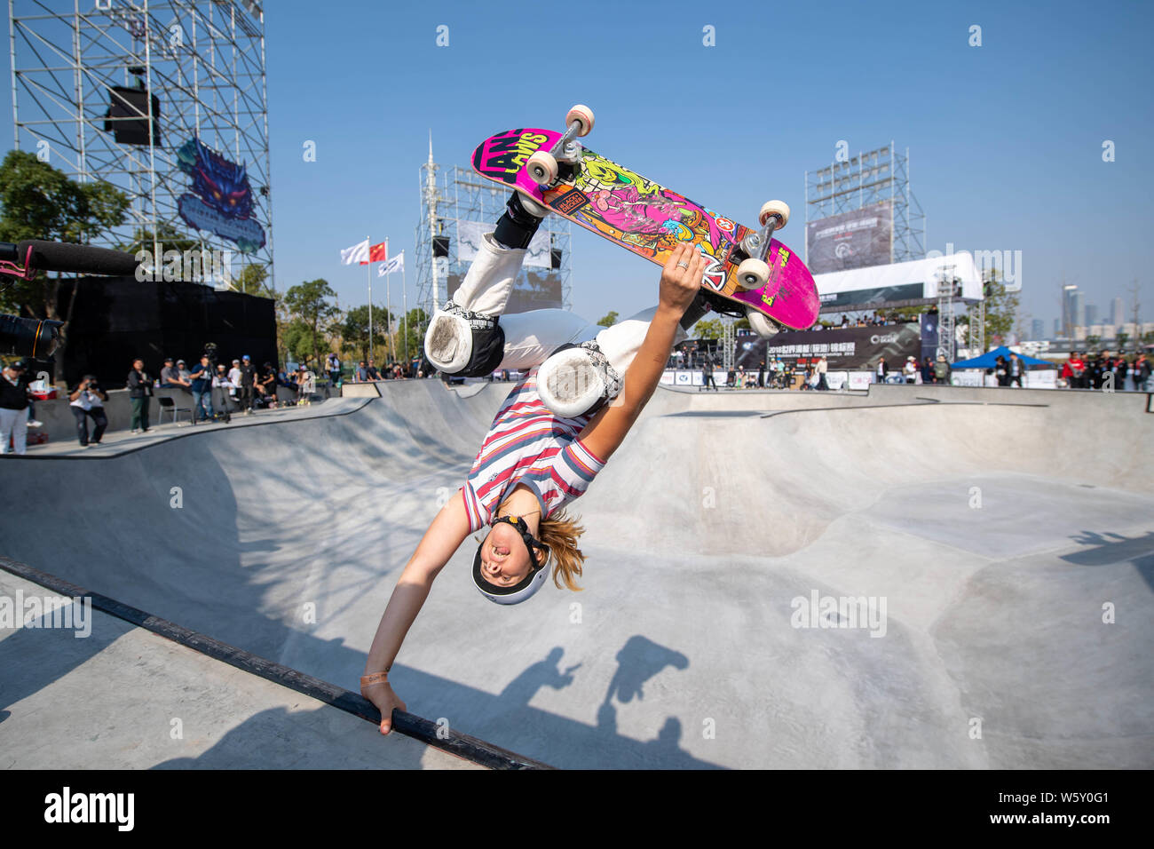 A player competes in the women's final match during the 2018 World ...