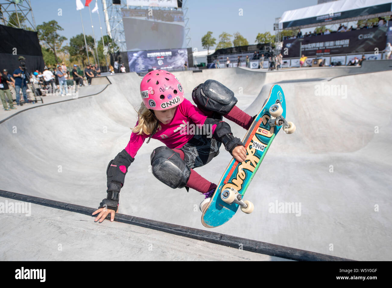A player competes in the women's final match during the 2018 World ...