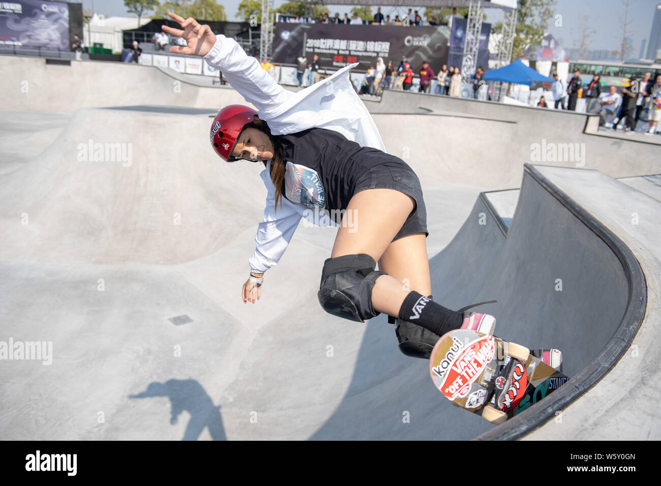 A player competes in the women's final match during the 2018 World ...
