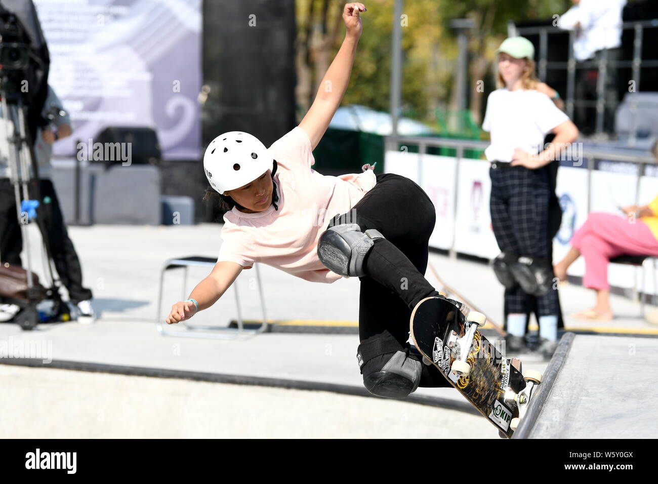 A player competes in the women's final match during the 2018 World ...