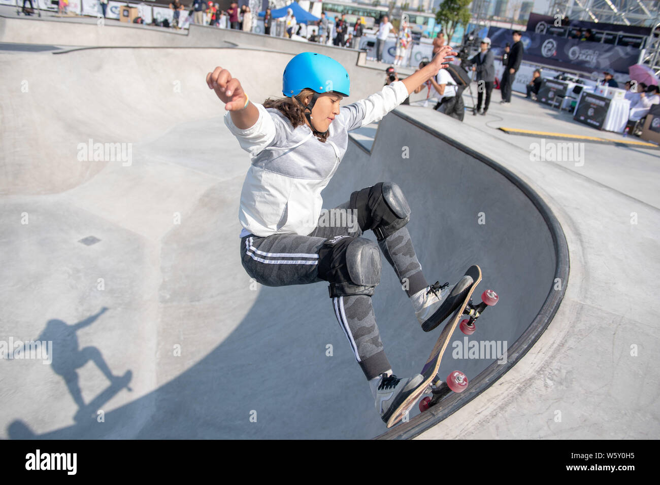 A player competes in the women's final match during the 2018 World ...