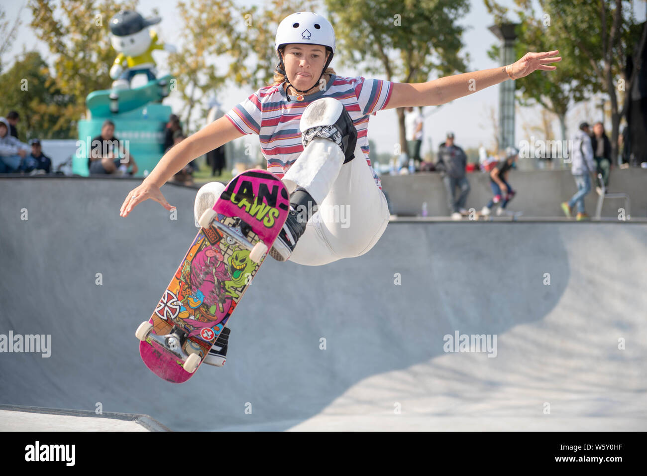 A player competes in the women's final match during the 2018 World ...