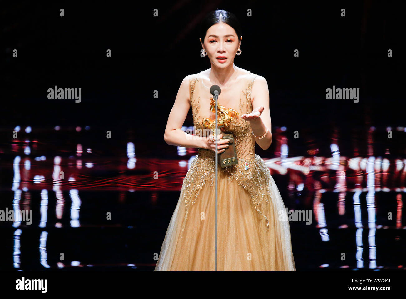 Taiwanese stage actress Hsieh Ying-xuan speaks after being awarded with ...