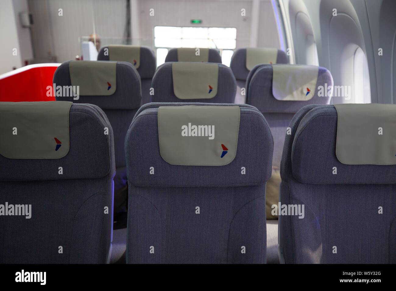 Interior view of a full-size mock-up of the CR929 widebody passenger ...
