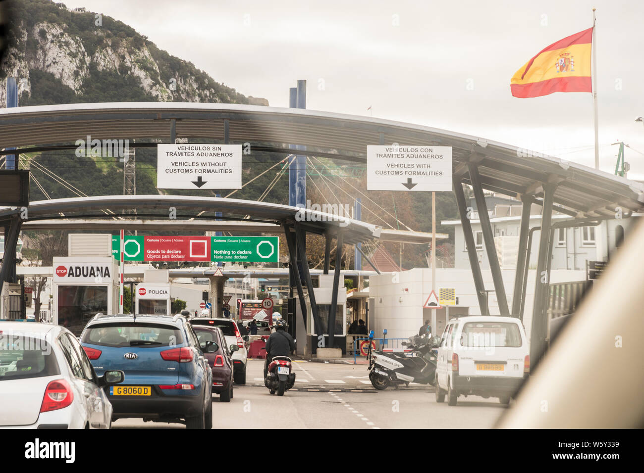 Gibraltar, UK. The border crossing of the British Overseas Territory of ...