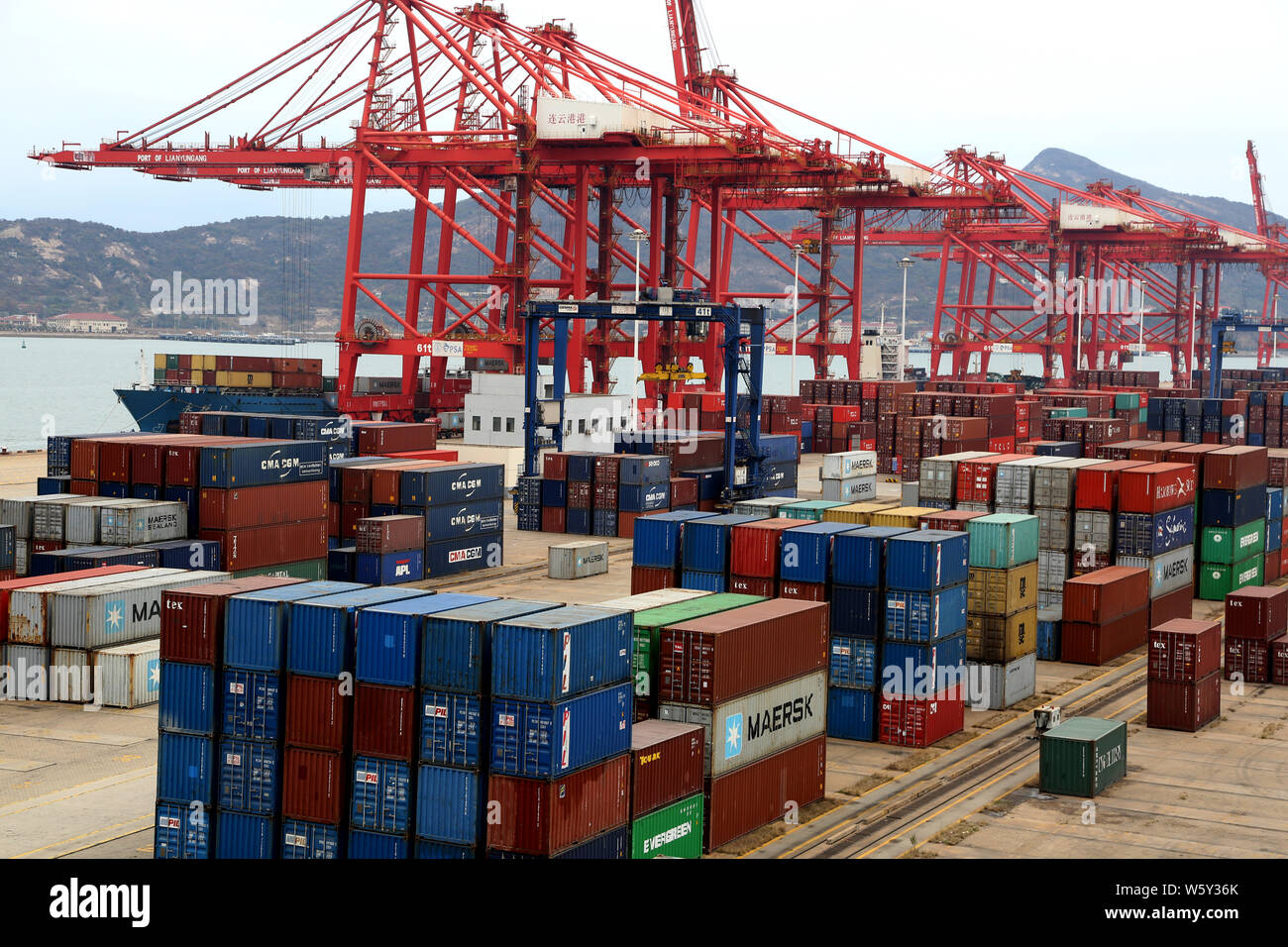An aerial view of containers stacked at the fully automated container terminal at the Port of ...