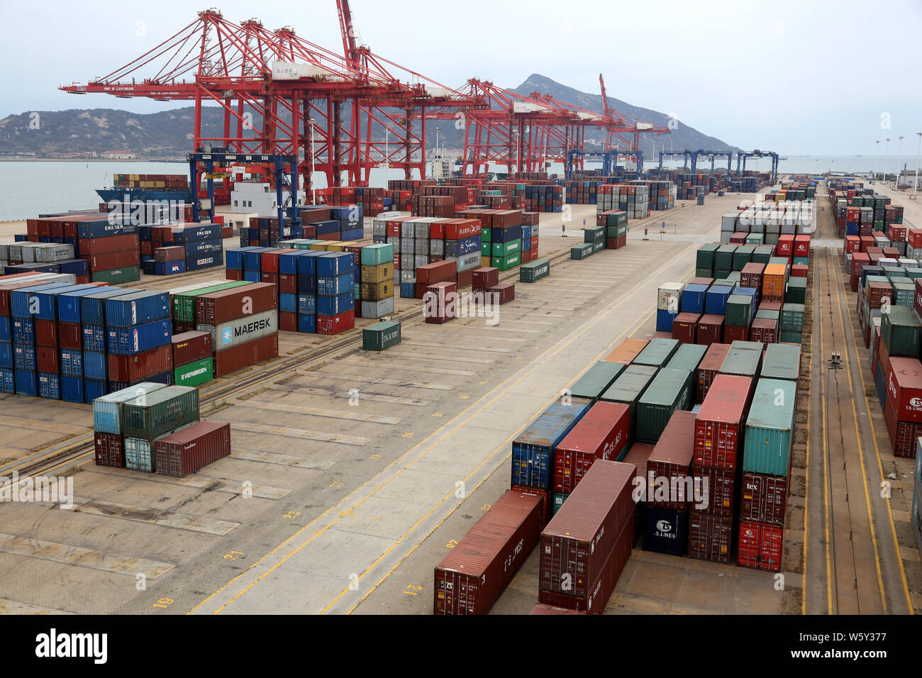 An aerial view of containers stacked at the fully automated container terminal at the Port of ...