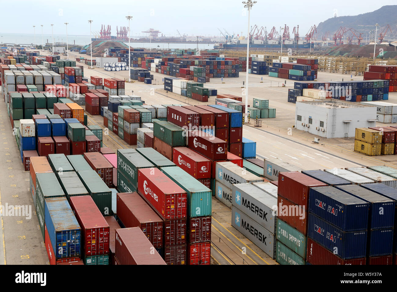 An aerial view of containers stacked at the fully automated container terminal at the Port of ...