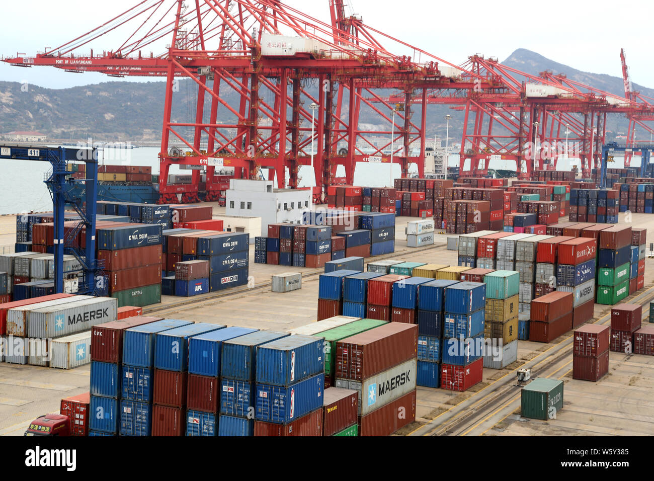 An aerial view of containers stacked at the fully automated container ...