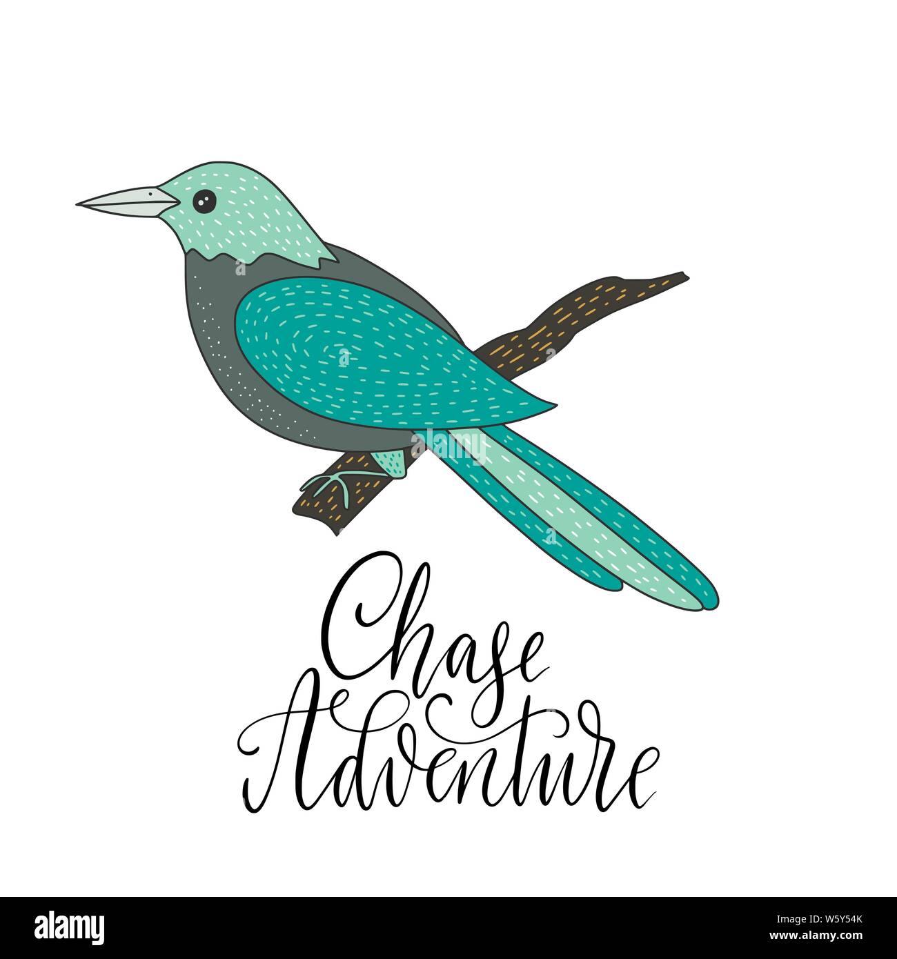 Chase adventure. Cartoon nature vector card with a bird and hand drawn ...