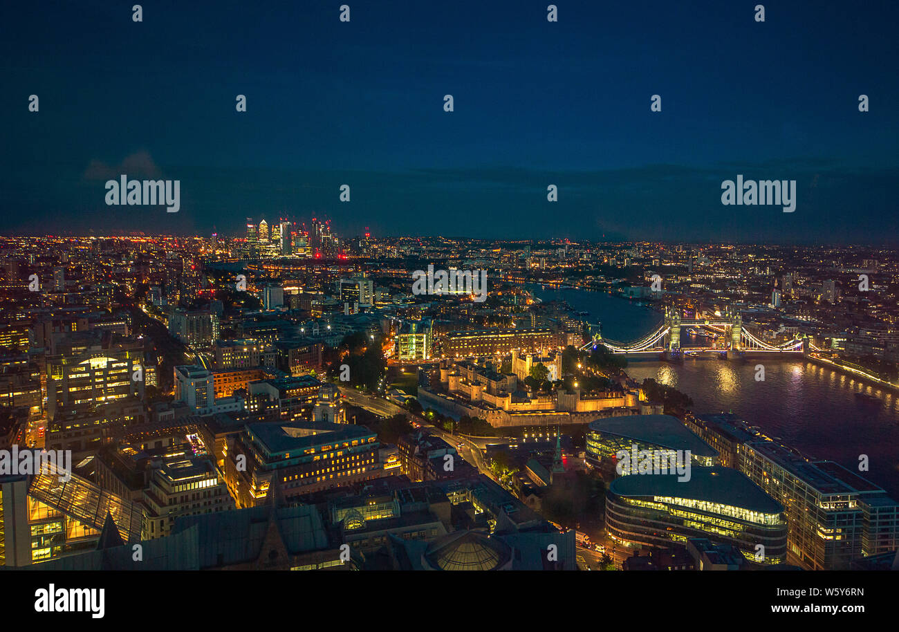 London and all of its major features on display at night, far above the ...