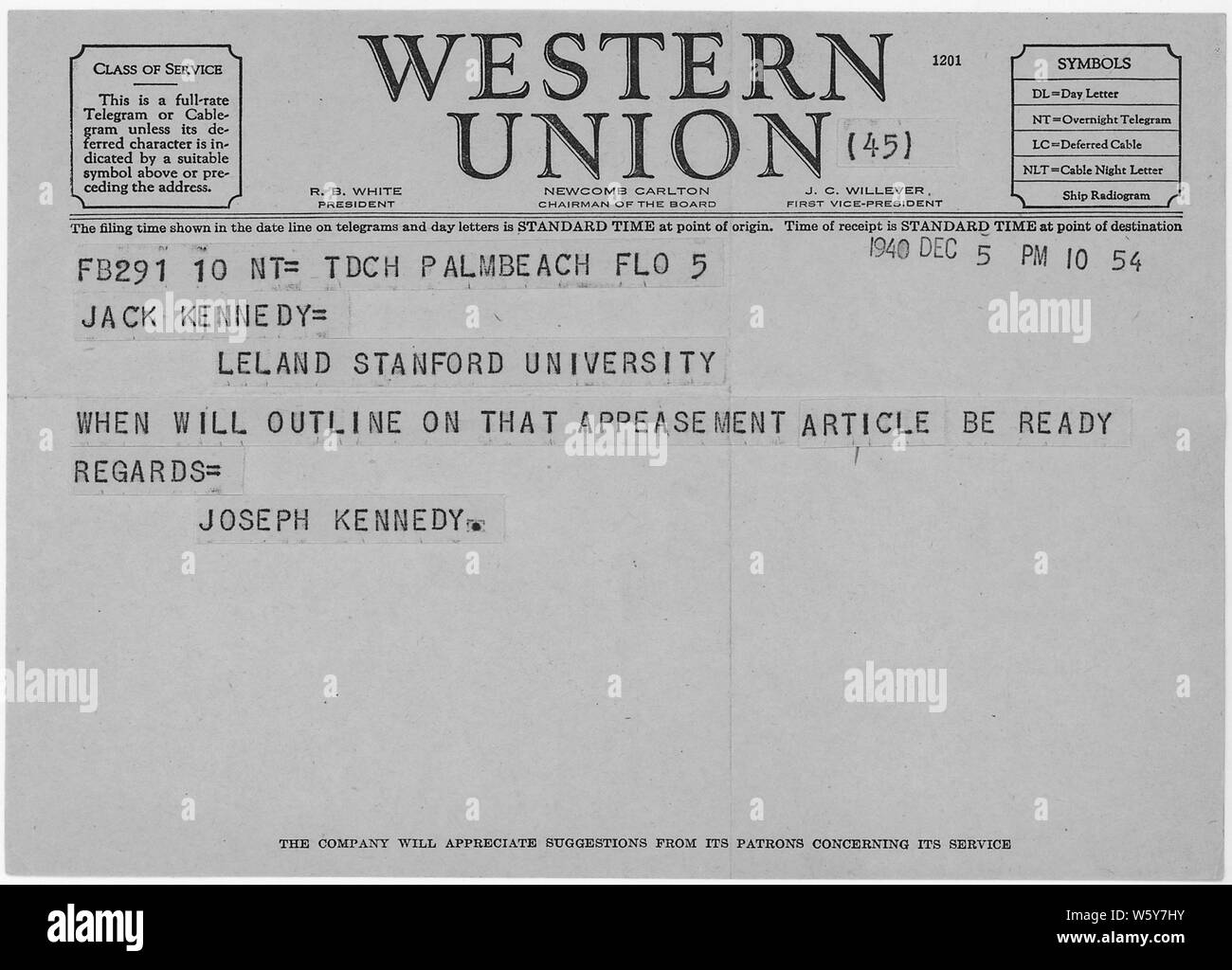 Telegram from Joseph P. Kennedy, Sr. to John F. Kennedy December 5 ...