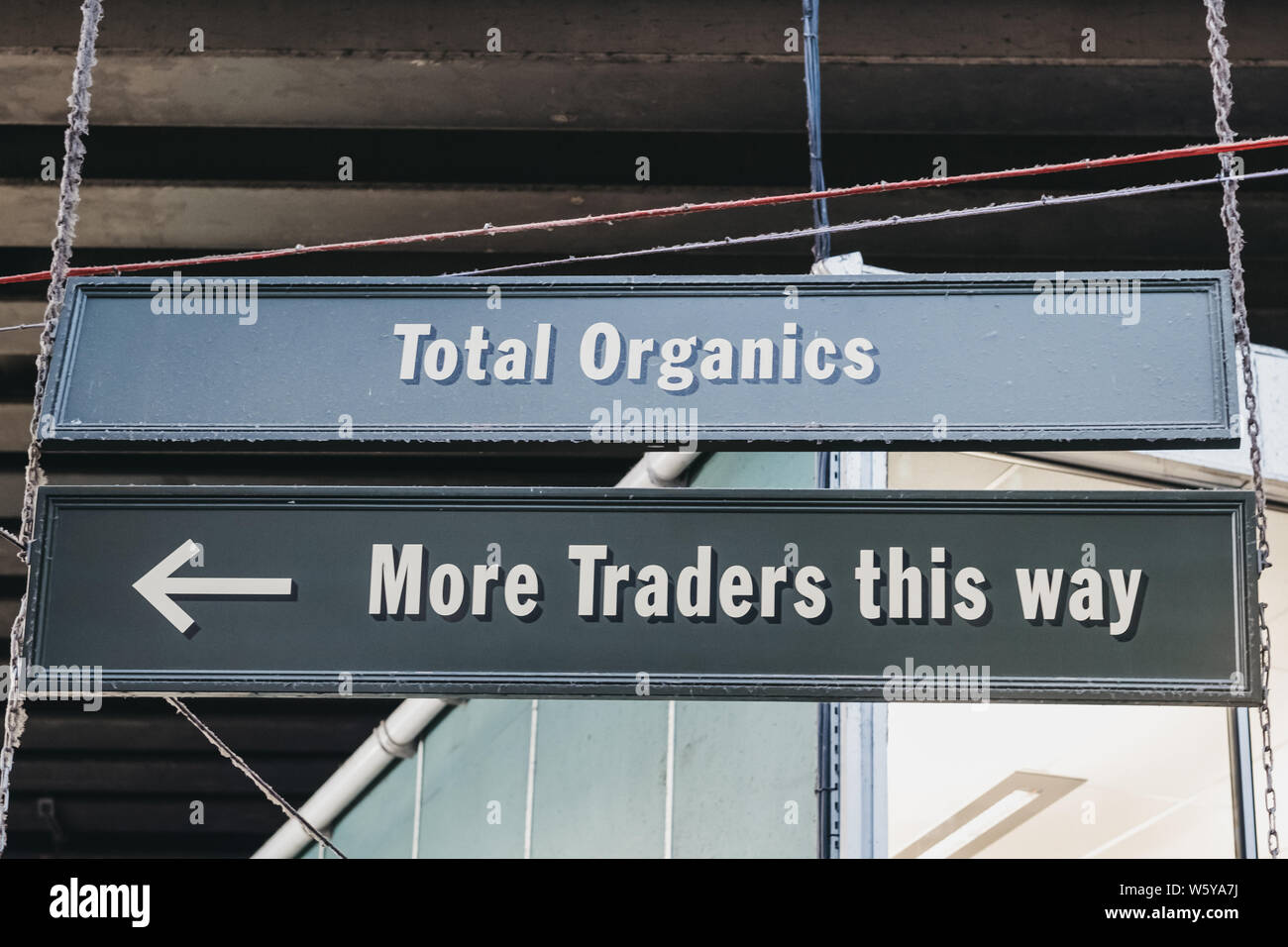 London, UK - July 23, 2019: Directional signs inside Borough Market ...